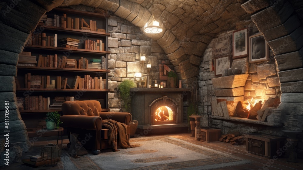 Cozy underground bunker with fireplace and reading nook. Generative AI ...