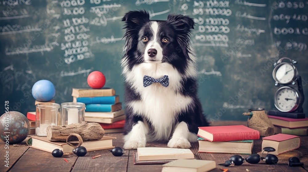 A smart Border Collie wearing glasses and holding a tiny chalkboard ...