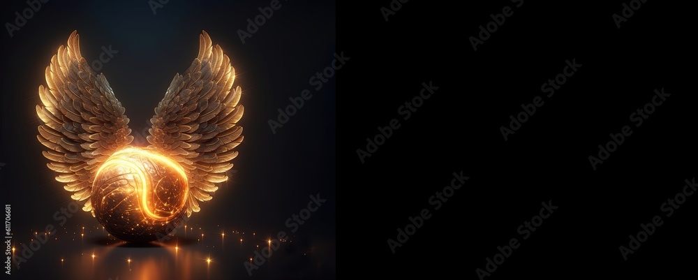 Spiritual orb with wings of love, cosmic magical sphere glowing on dark ...