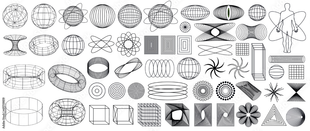 3d Retro futuristic. Black trip elements on the white background. Acid ...