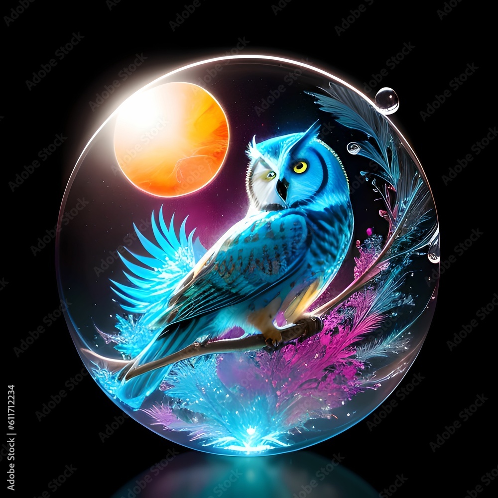 Magische Eulenpracht: Bunte Eule in einer vom Mondlicht beleuchteten ...
