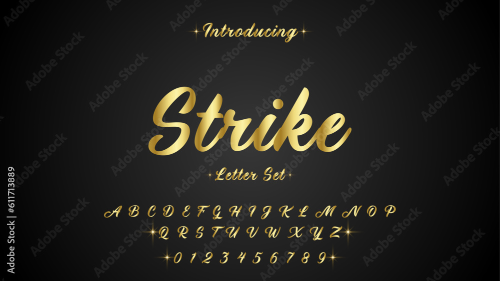STRIKE, elegant golden alphabet letters font set. Classic Custom gold ...