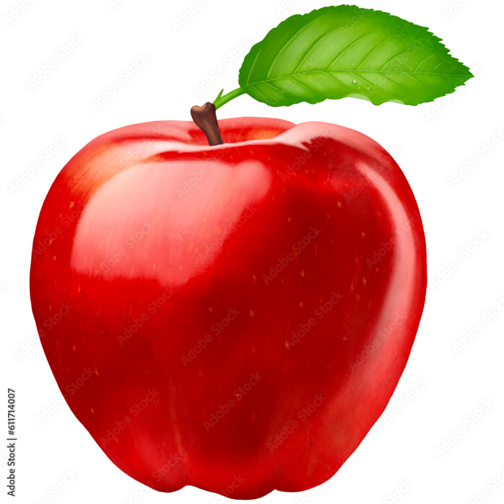 Red apple with stem and leaf realistic illustration hand painting Stock ...