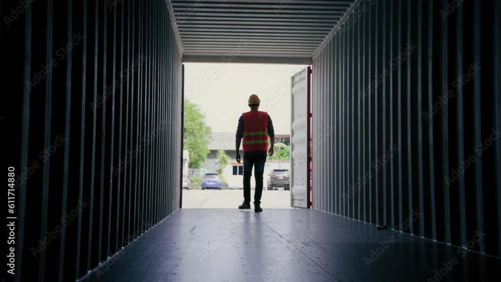 Foreman check neatness inside container box walking out and closed ...