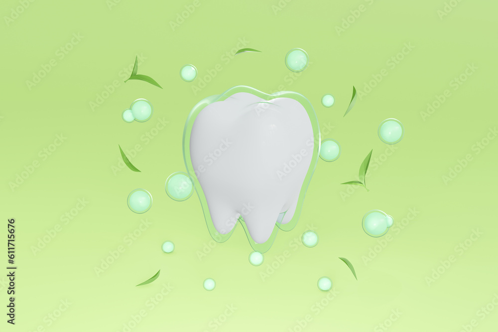 3d of white baby tooth or kid teeth with translucent coating, green tea ...