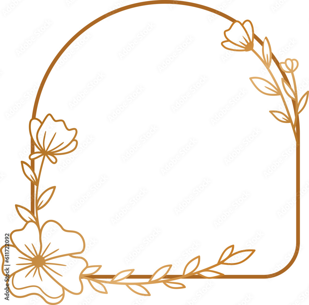 Elegant gold frame with flowers and leaves line art for wedding or ...