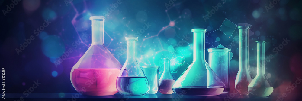 Chemistry science research lab background with a glass flask and vial ...