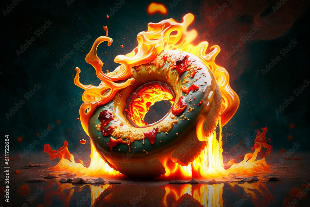 Donut on fire. Weight management concept. Generative AI. Fiery donut ...