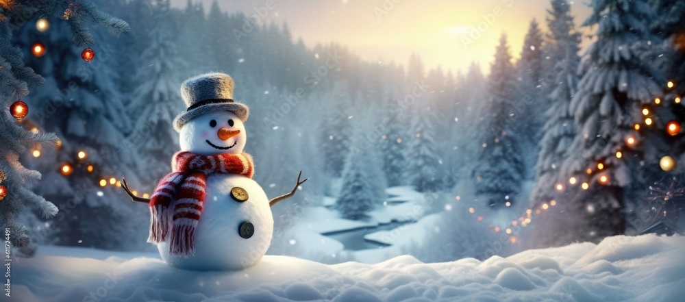Snowman in the snow, in front of glowing lights and defocussed in the ...