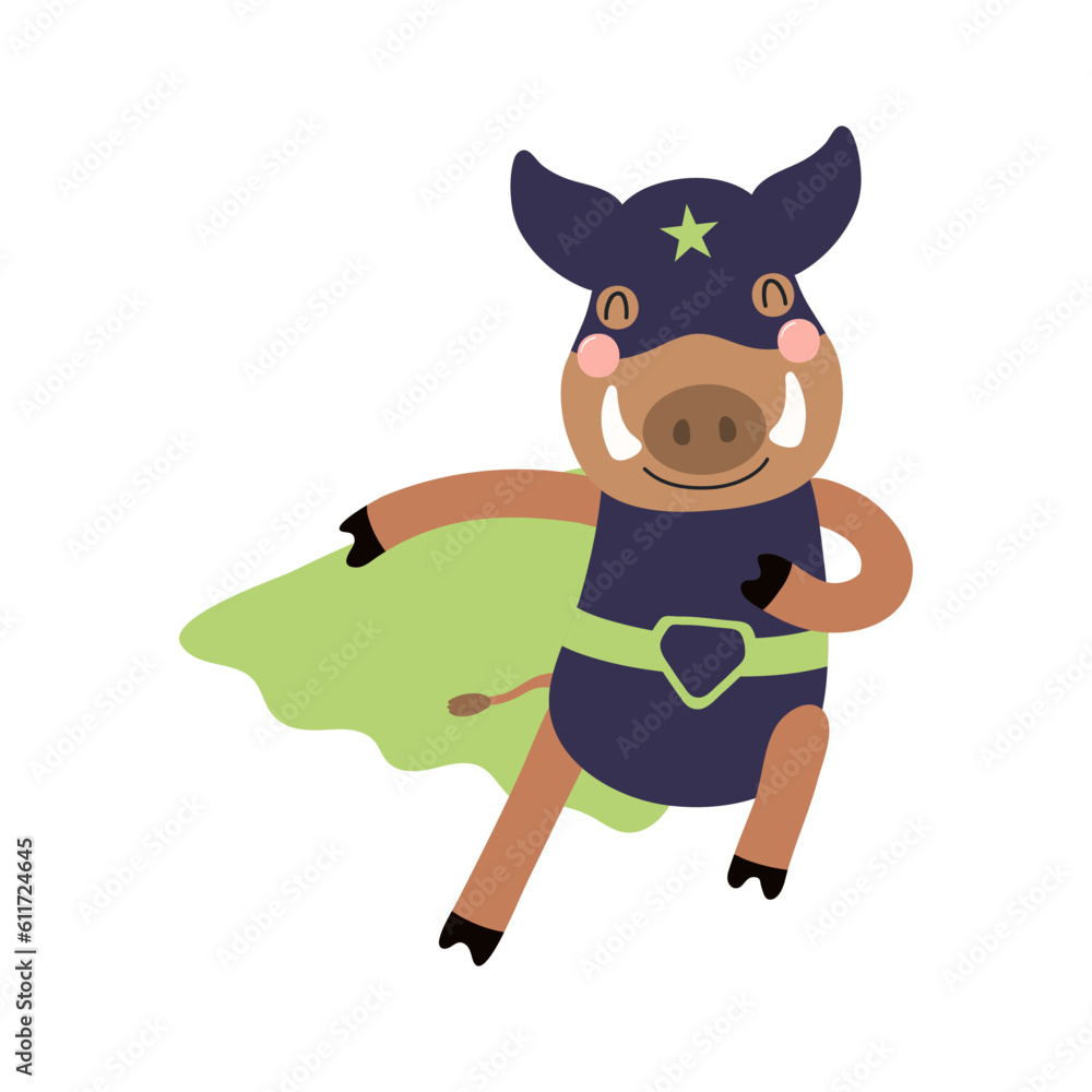 Cute funny wild boar superhero in costume cartoon character ...