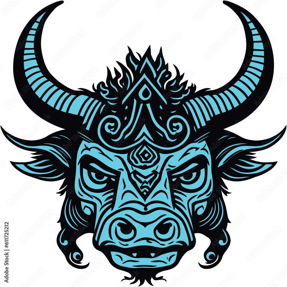Striking line art depiction of a bull head mask, capturing the essence ...
