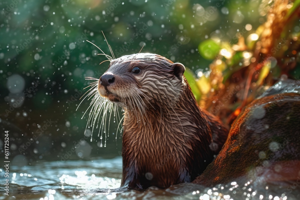 A close-up photo of an otter trying to make its nest in the water ...