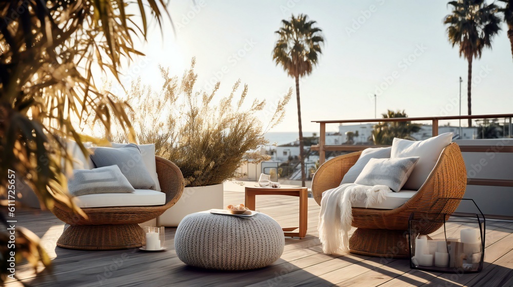 Coastal garden terrace patio outdoor, with wood and fabric blue white ...