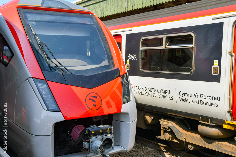 Cardiff, Wales - 8 June 2023: Front of a new train operated by ...