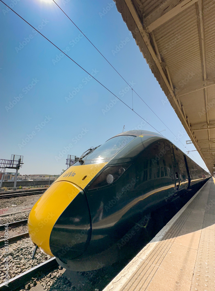 Cardiff, Wales - 8 June 2023: Wide angle view of a high speed train at ...
