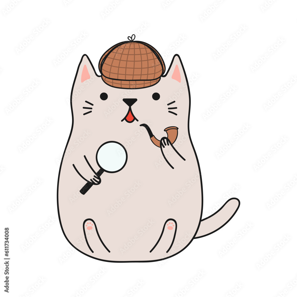 Cute funny detective cat cartoon character illustration. Hand drawn ...