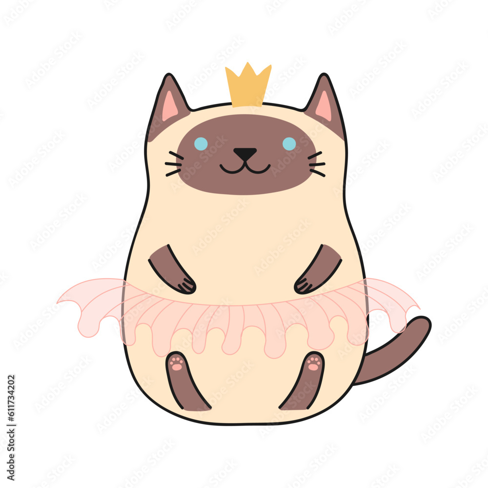 Vetor de Cute funny princess cat cartoon character illustration. Hand ...