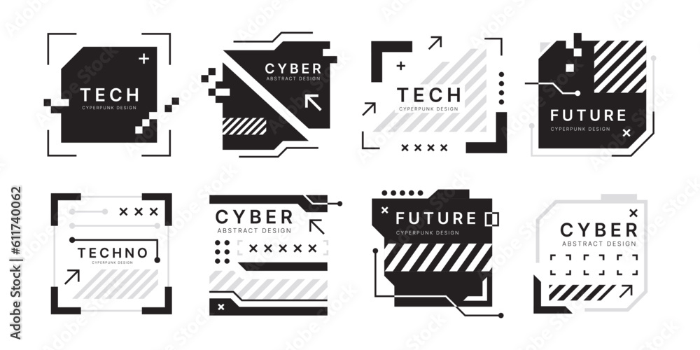 Tech elements. Abstract square shapes. Modern frame box. Cyber glitch ...