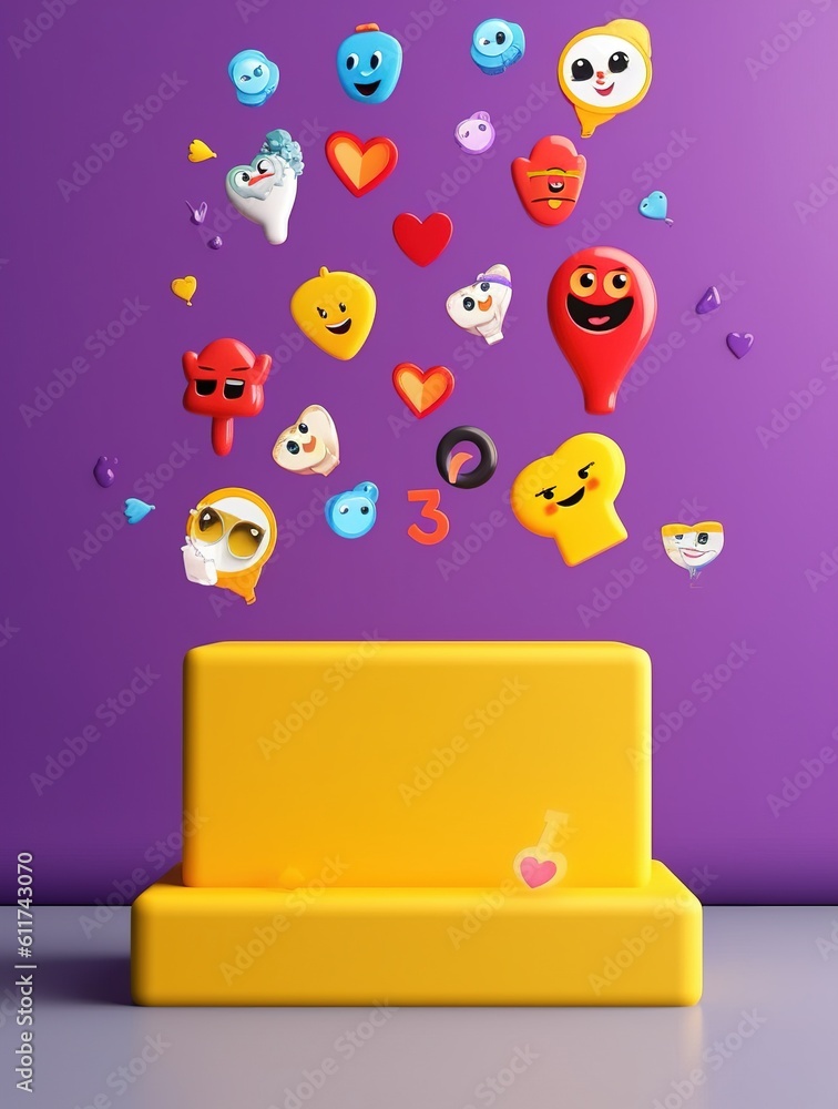 Cartoon emoticon display stand with candles and confetti. Social media ...