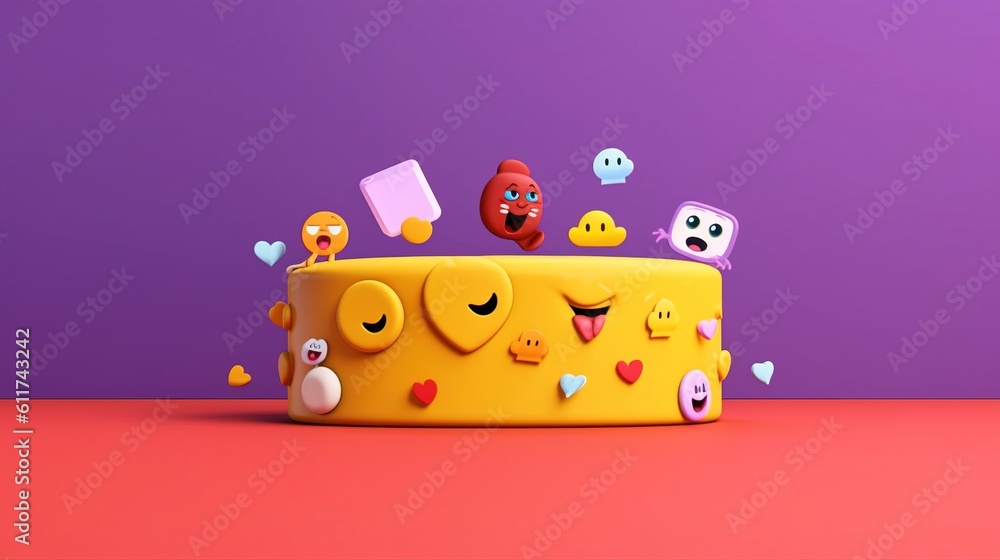 Cartoon emoticon display stand with candles and confetti. Social media ...