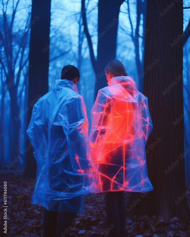 Beautiful woman and a man, couple, hugging in neon orange blue misty ...