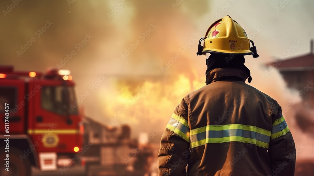 Firefighter uses water and a fire extinguisher to figh. Generative AI ...