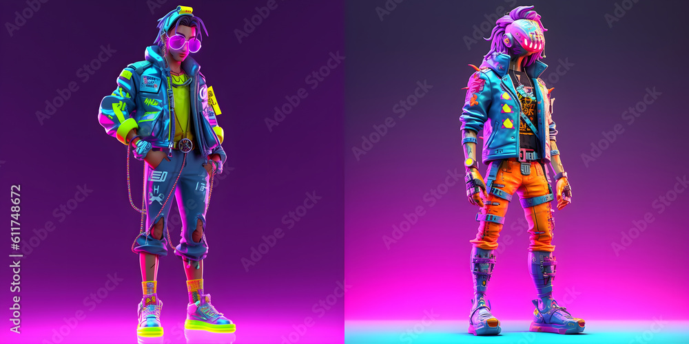 3D cartoon metaverse set. Character in vibrant neon colors, a cyberpunk ...