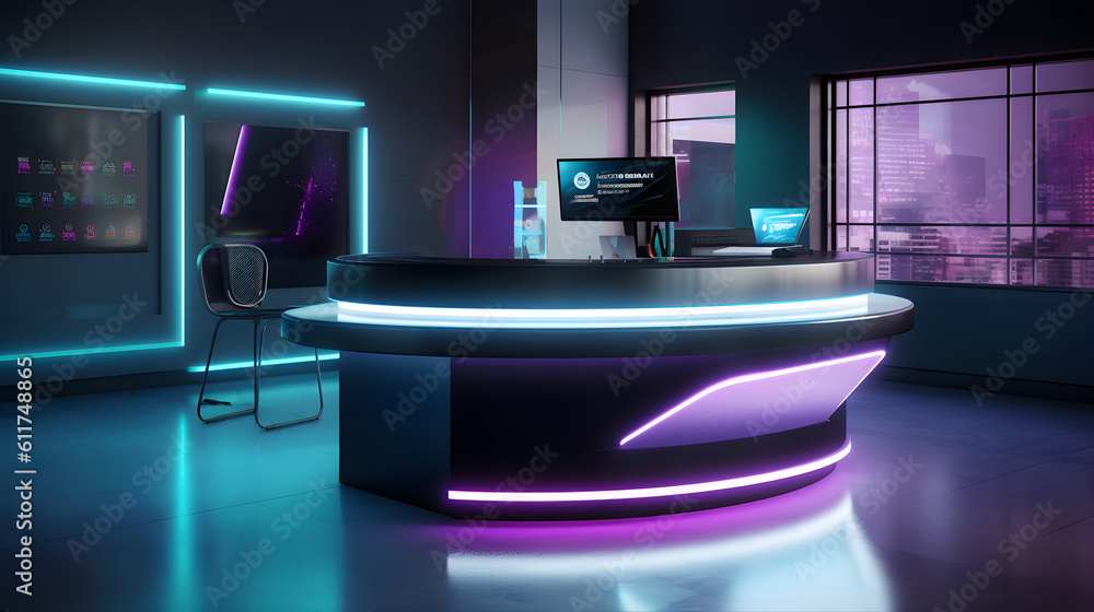 Futuristic registration reception desk, virtual gym, metaverse ...