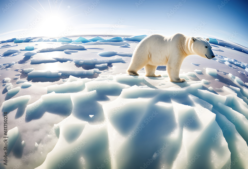 Polar bear on snowdrift melting ice floe in arctic sea. Saving the ...