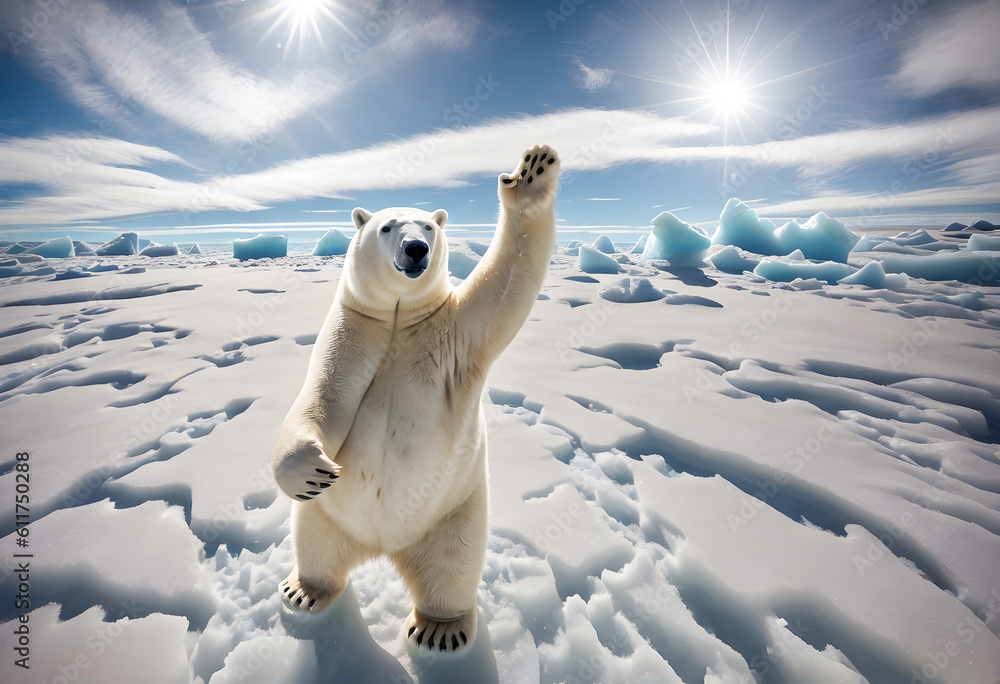 Polar bear on snowdrift melting ice floe in arctic sea. Saving the ...