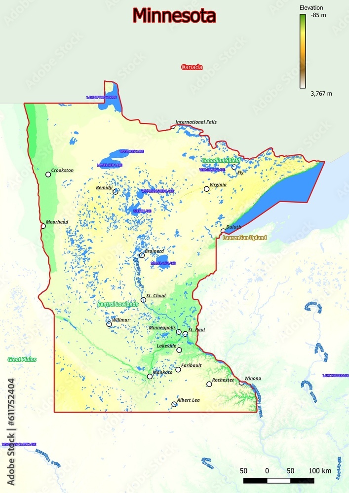 Physical map of Minnesota with mountains, plains, bridges, rivers ...