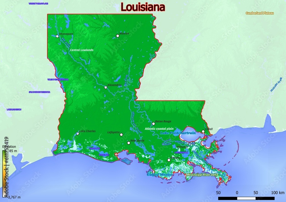 Physical map of Louisiana with mountains, plains, bridges, rivers ...