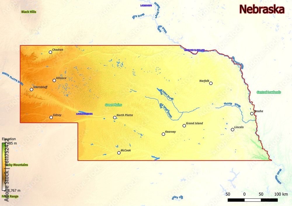 Physical map of Nebraska with mountains, plains, bridges, rivers, lakes ...