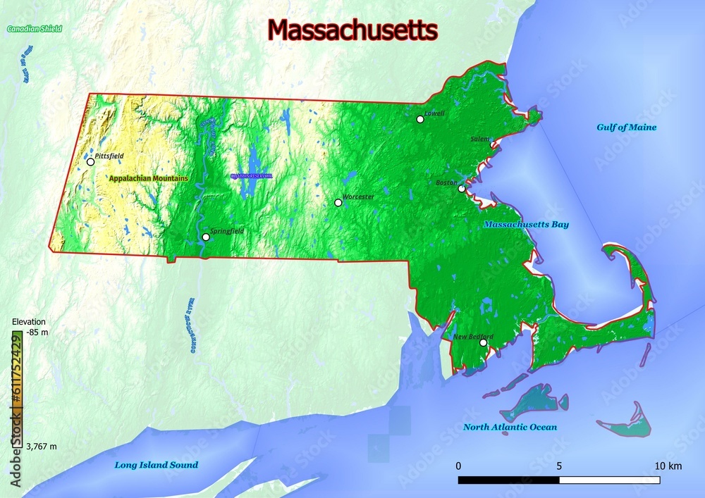 Physical map of Massachusetts with mountains, plains, bridges, rivers ...