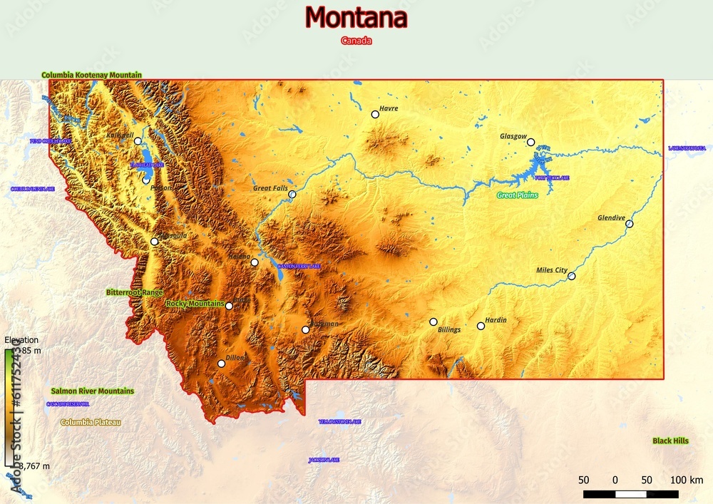 Physical map of Montana with mountains, plains, bridges, rivers, lakes ...
