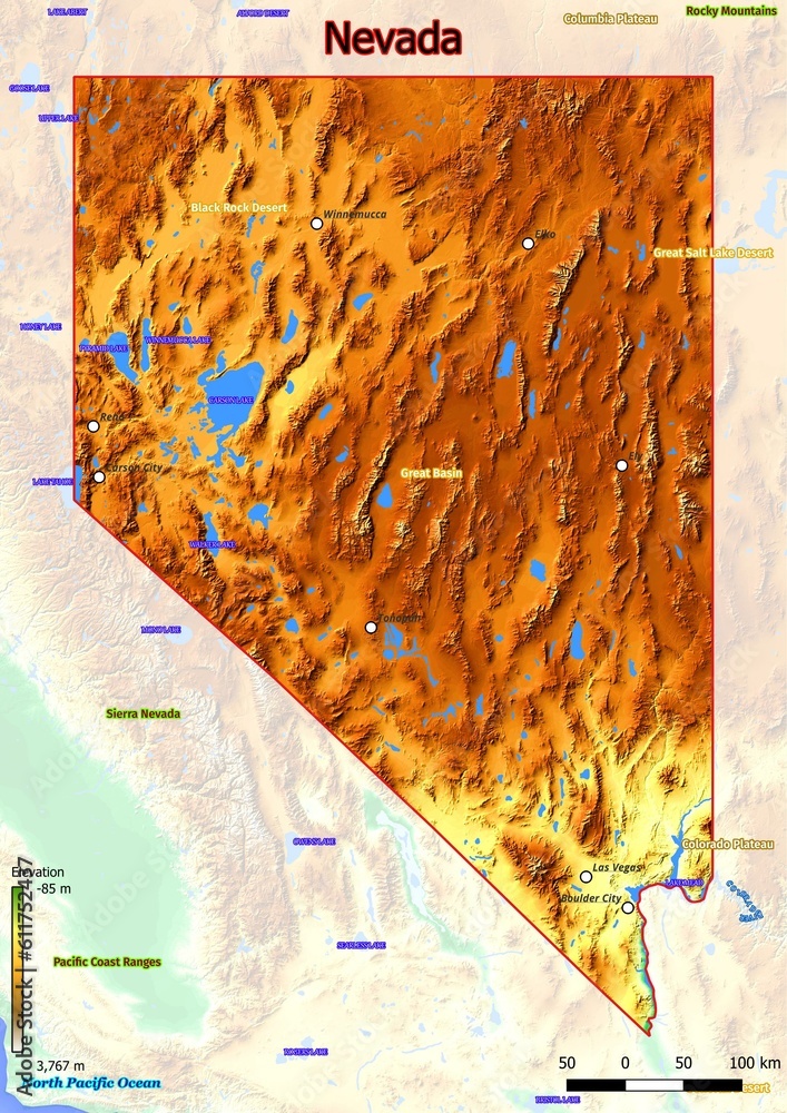 Physical map of Nevada with mountains, plains, bridges, rivers, lakes ...