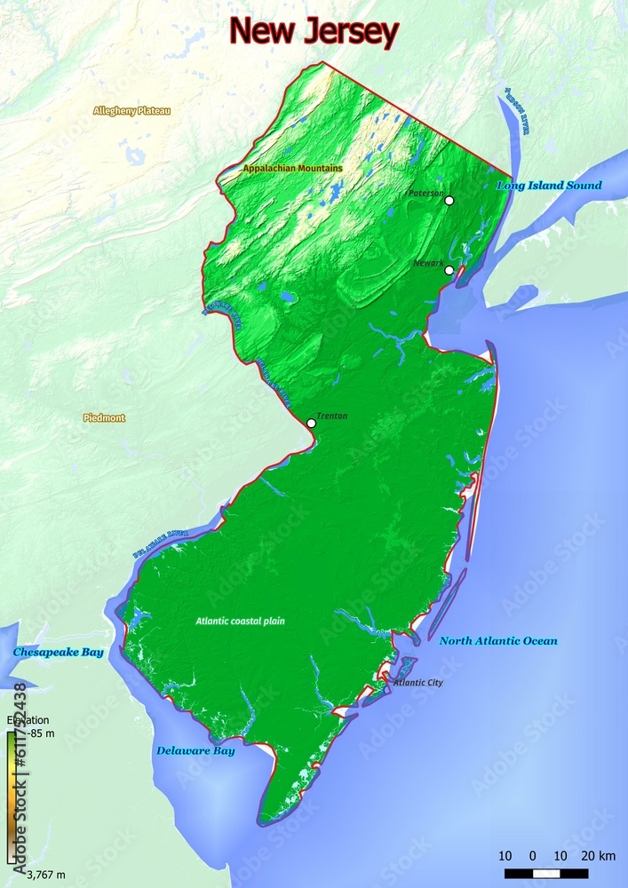 Physical map of New Jersey with mountains, plains, bridges, rivers ...