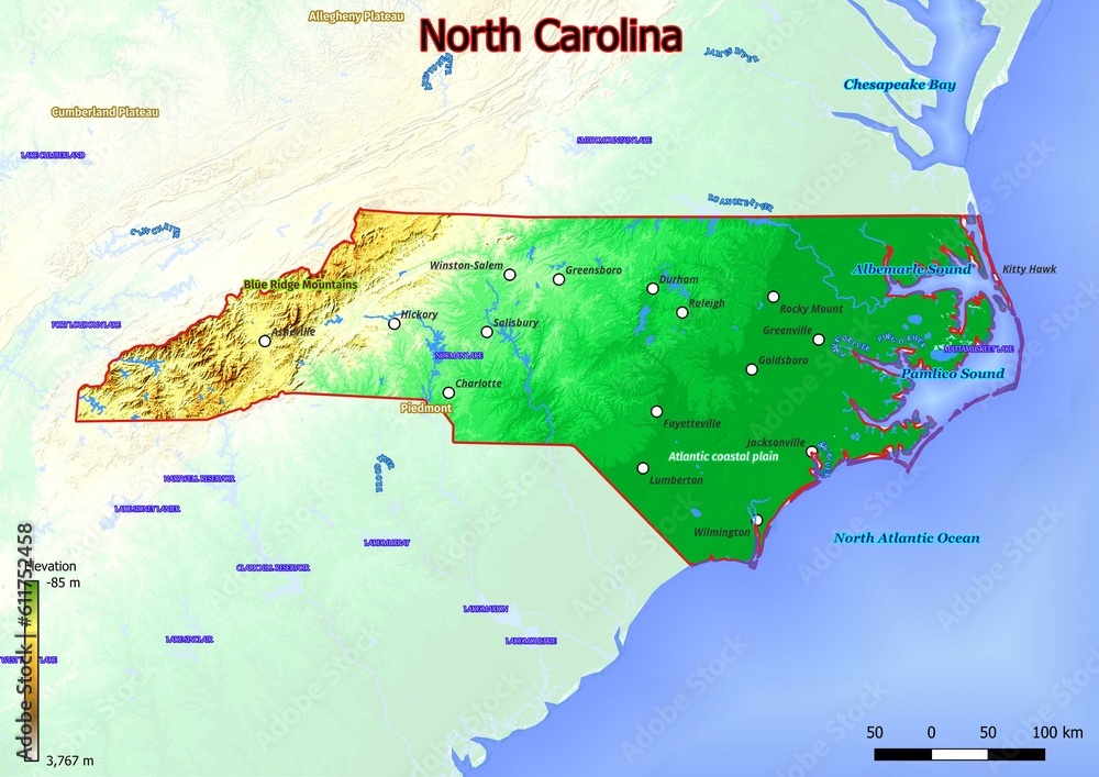 Physical map of North Carolina with mountains, plains, bridges, rivers ...