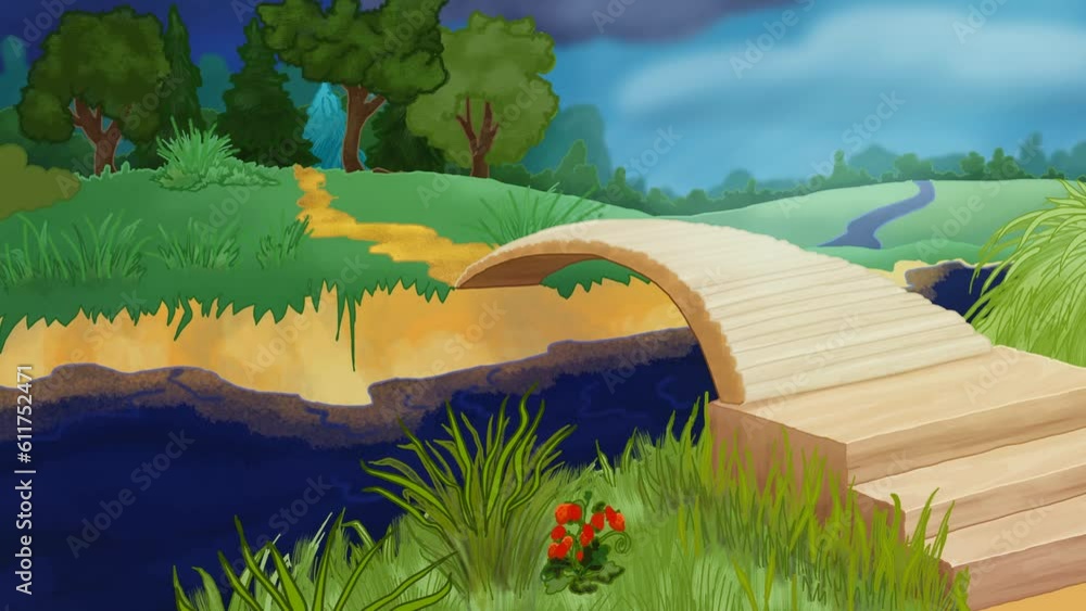 Beautiful hand drawn animation of river with wooden bridge and forest ...