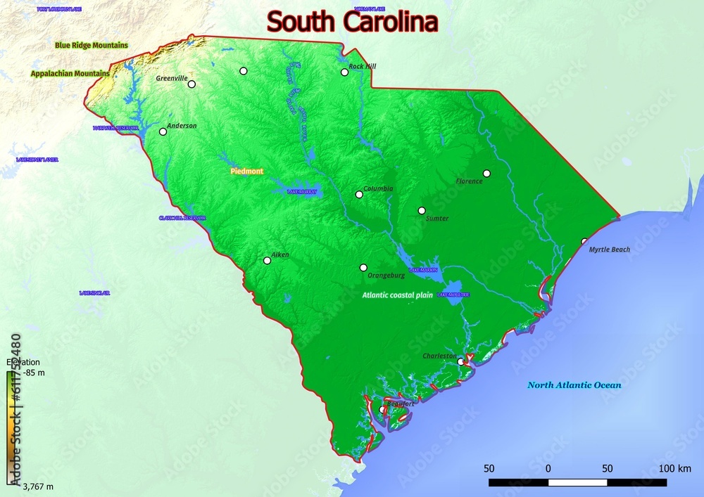 Physical map of South Carolina with mountains, plains, bridges, rivers ...