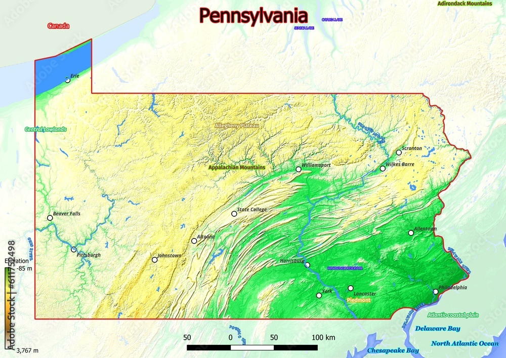 Physical map of Pennsylvania with mountains, plains, bridges, rivers ...