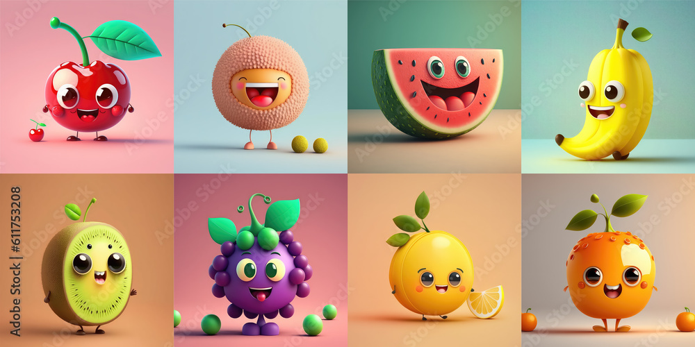 Happy Cartoon Fruits characters collection, part 2, Cute Cartoon 3D ...