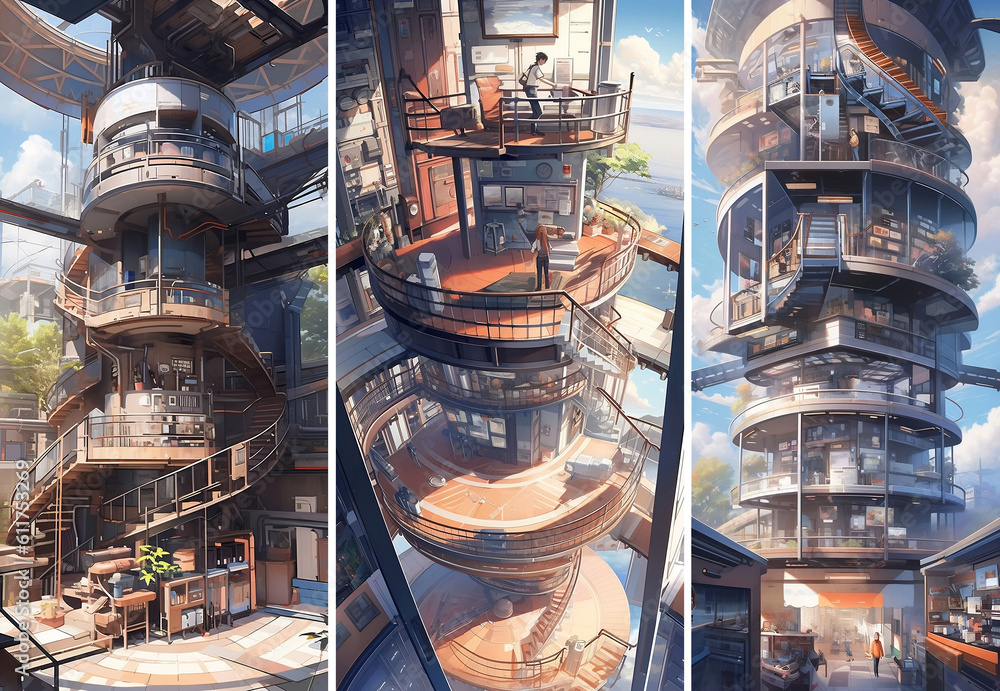 The concept of a round city building with glass facade and working ...