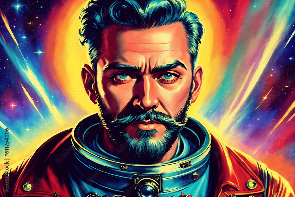 Spaceman on background of stars and universe, space theme in the retro ...