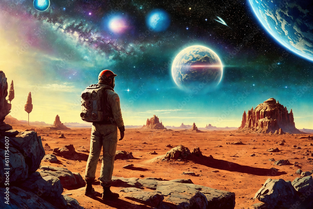 Spaceman on background of stars and universe, space theme in the retro ...