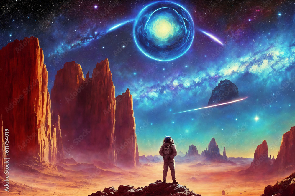 Spaceman on background of stars and universe, space theme in the retro ...