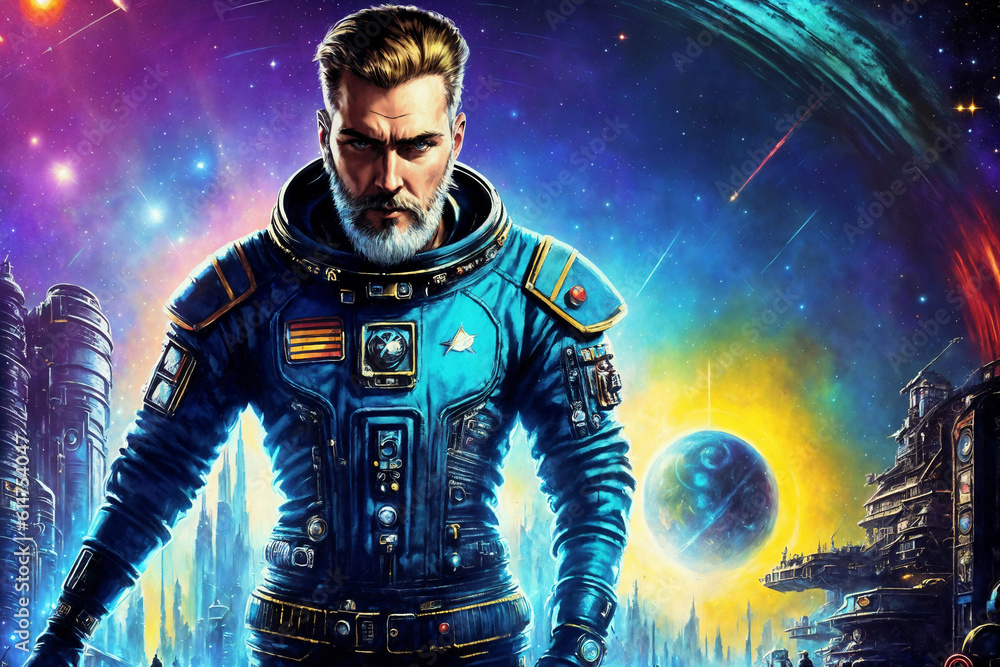 Spaceman on background of stars and universe, space theme in the retro ...