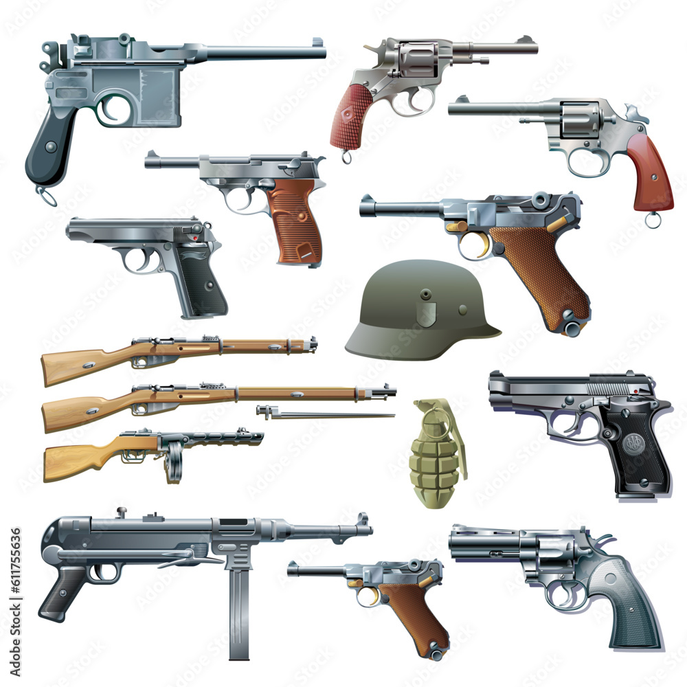 Military weapons and munition flat illustrations set. Collection of ...