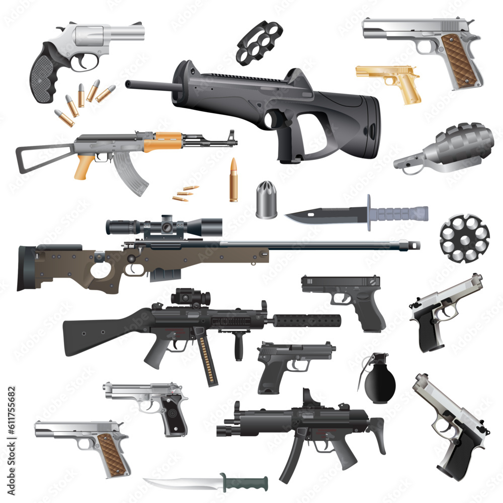 Grafika wektorowa Stock: Military weapons and munition flat ...