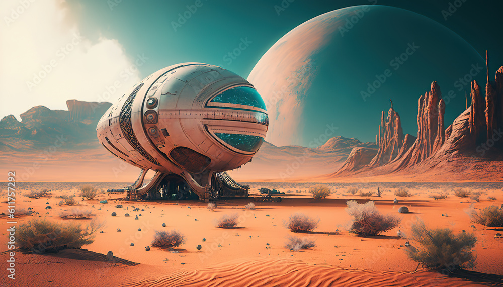 retro futuristic wallpaper. mars, aliens, vehicle. UFO. 1950s. Stock ...